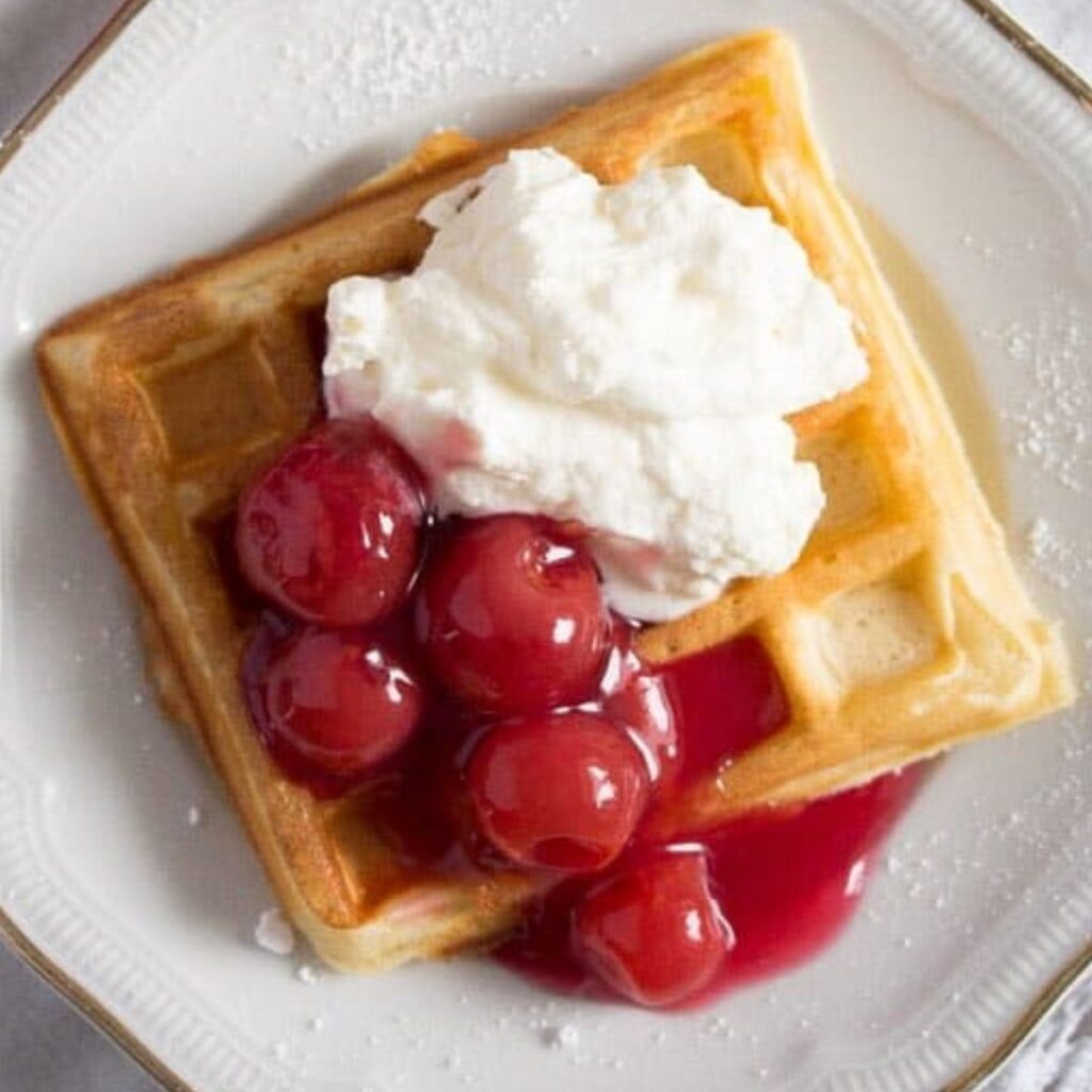 German Waffles Recipe (with Cherry Sauce and Whipped Cream)